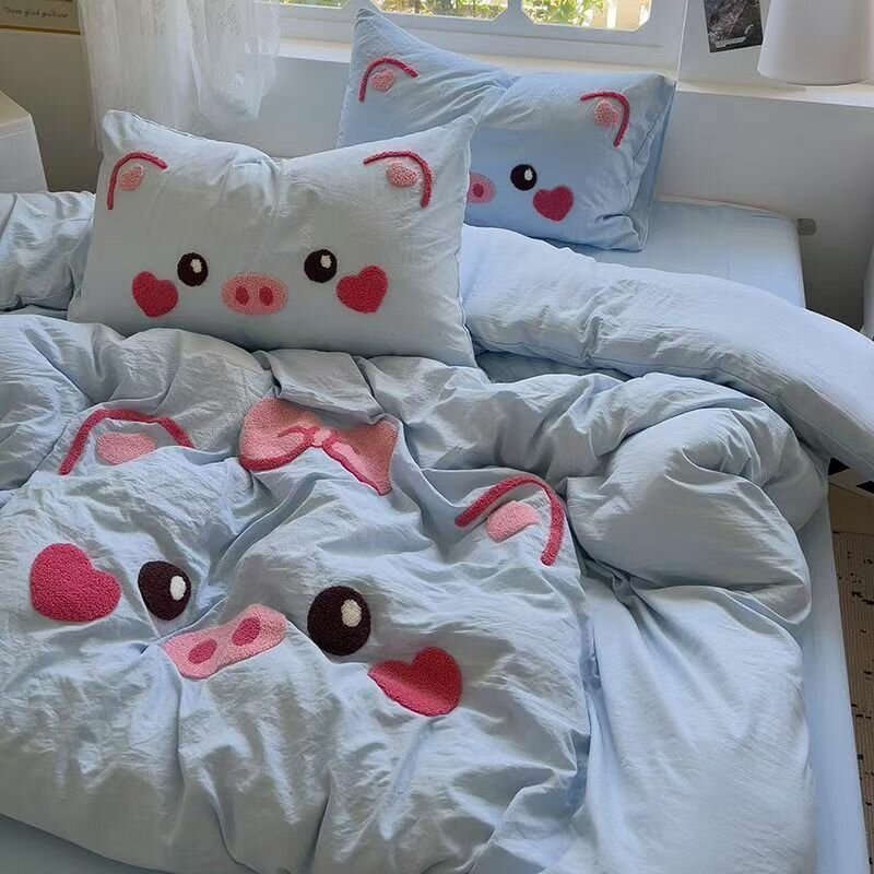 Комплект постельного белья Kawaii blue Pig 3 шт, 150X200cm(4pcs), синий