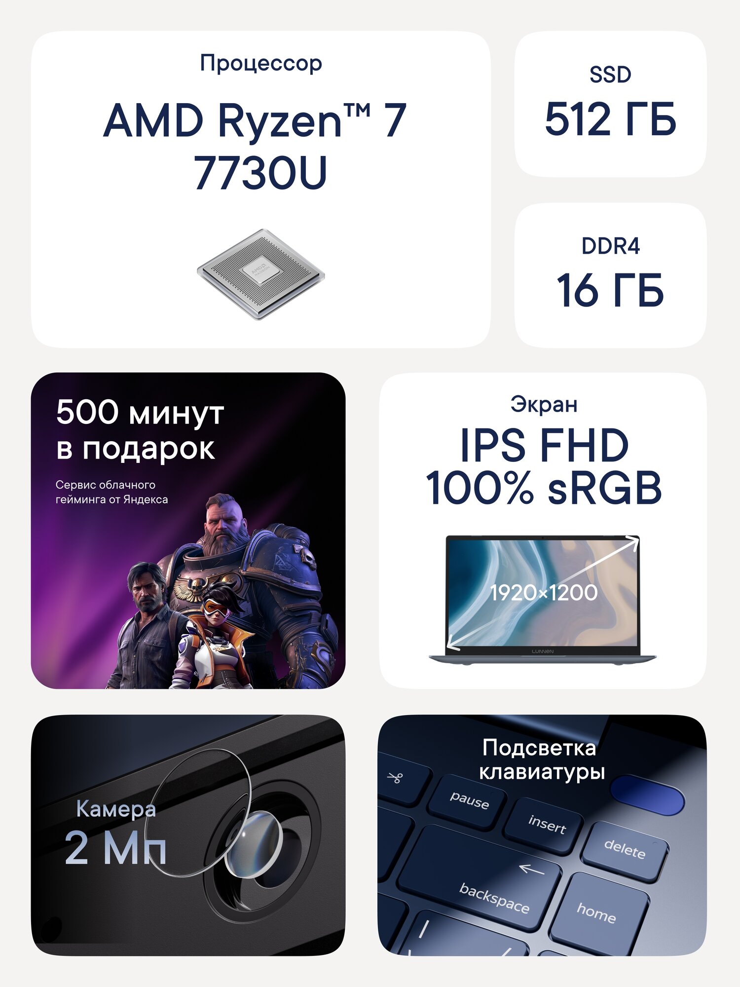 16" Ноутбук LUNNEN Ground 16, AMD Ryzen 7 7730U, RAM 16 ГБ, SSD 512 ГБ, 1920x1200, Windows 11, Light Grey, LL6FAWG07 — фото 1