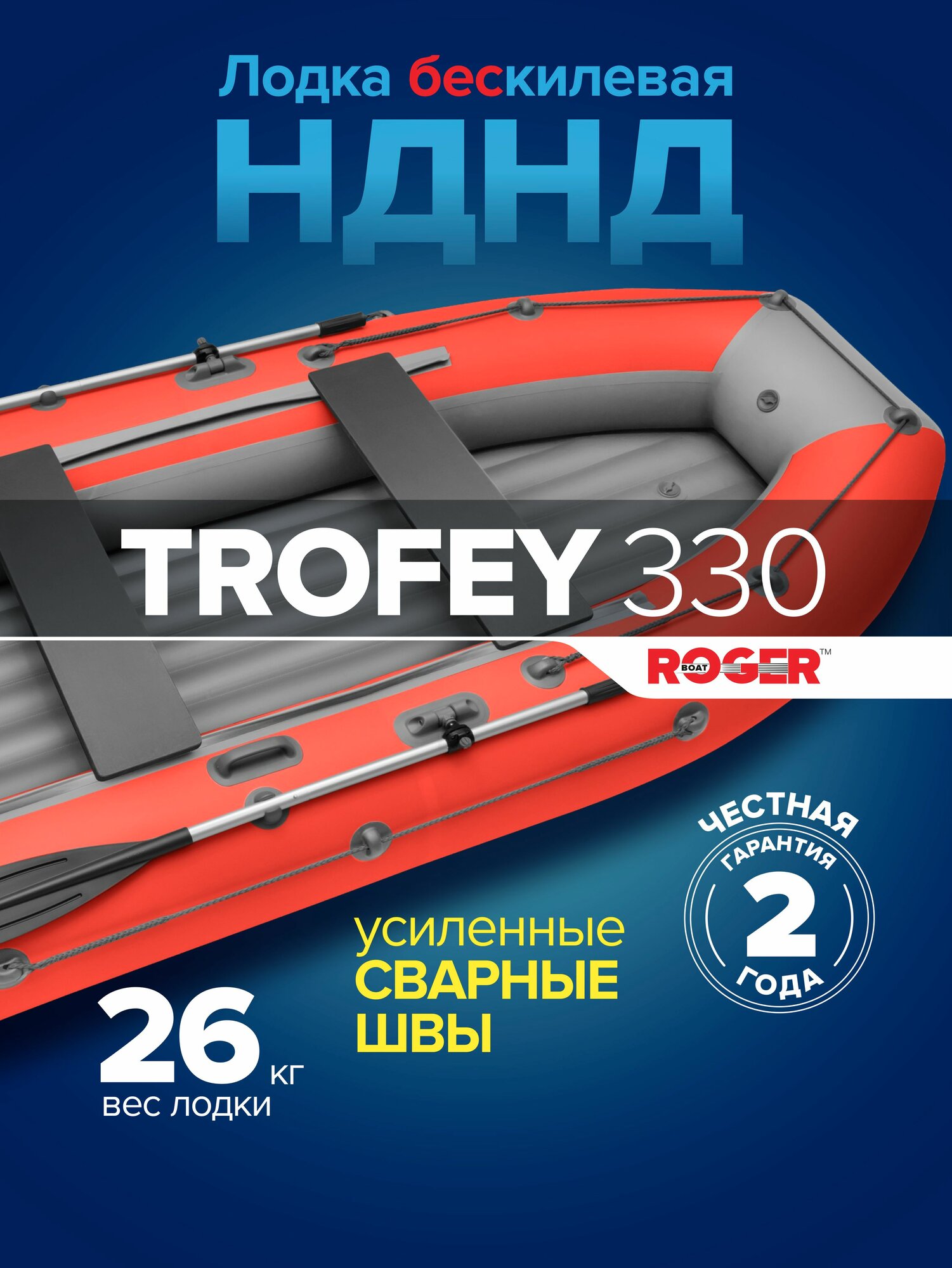 Лодка ПВХ под мотор НДНД ROGER Trofey 330, лодка надувная для рыбалки роджер (красный серый)