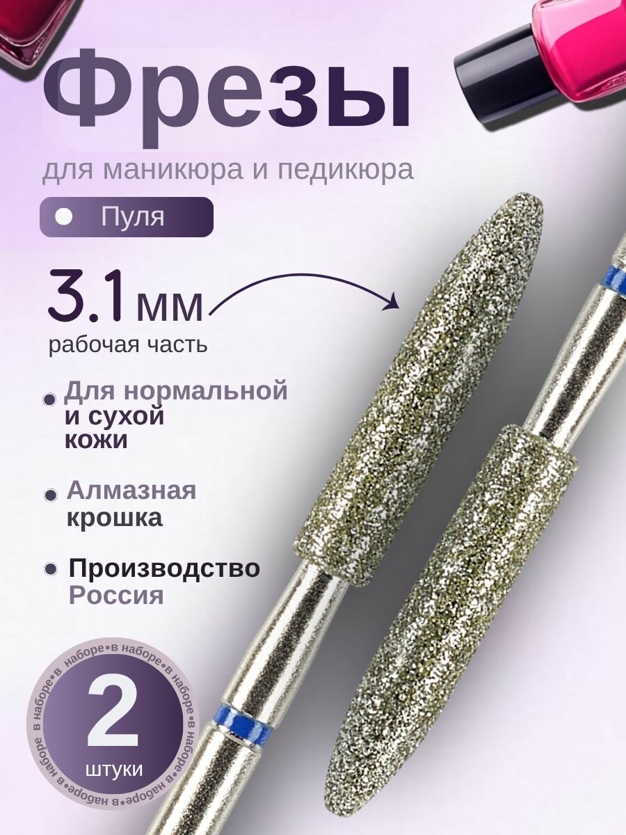 ASTIAL / Фрезы для маникюра Пуля 3,1 синяя насечка 2 шт, 806.104.272.524.031