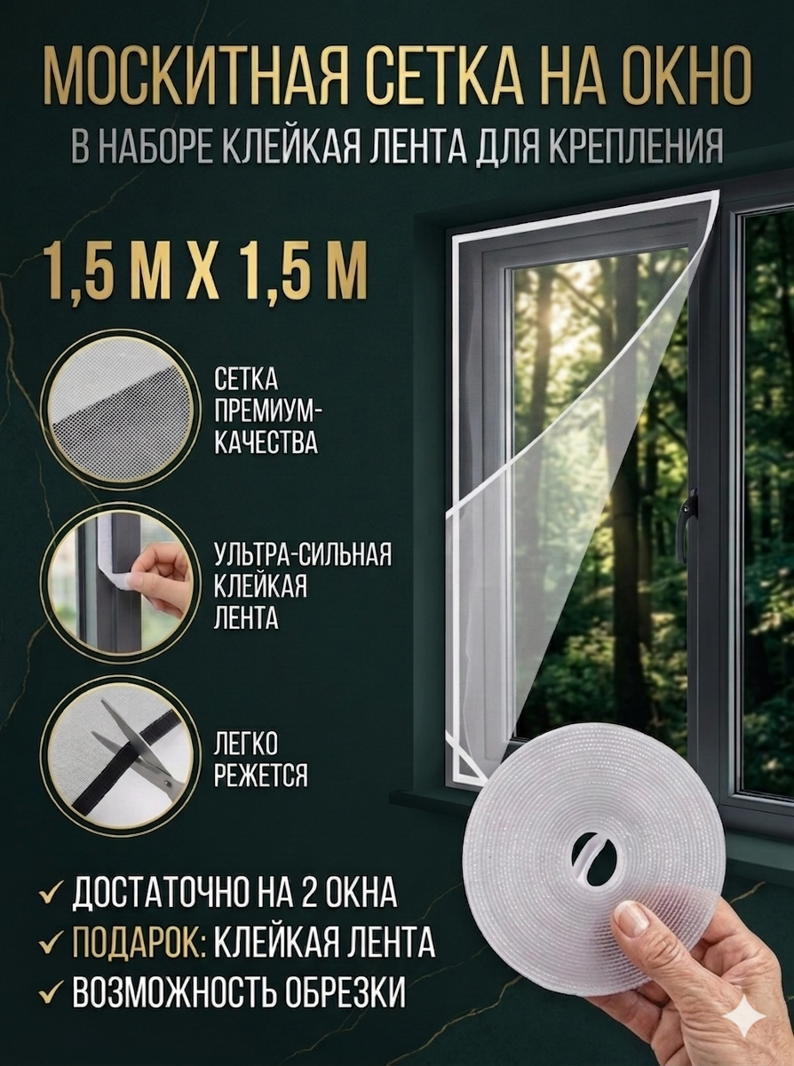 Москитная сетка на окна от мух и комаров с крепежной лентой 1,5х1,5 м