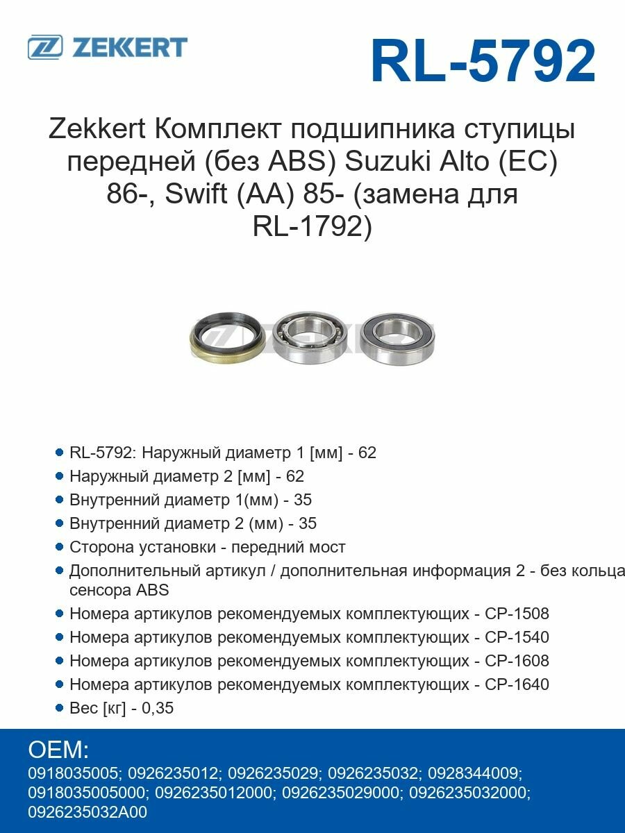 Zekkert Комплект подшипника ступицы передней (без ABS) Suzuki Alto (EC) 86-, Swift (AA) 85- (замена для RL-1792)