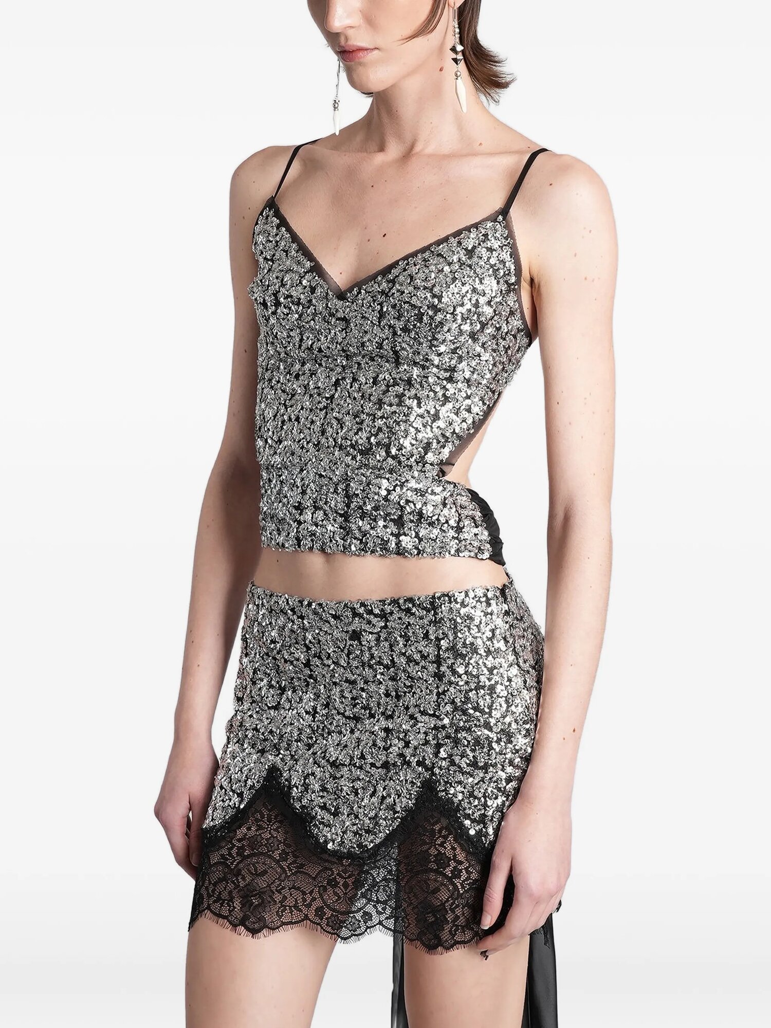 Топ SIEDRES Sequin-embellished backless top, размер 44, серебристый/красный — фото 1