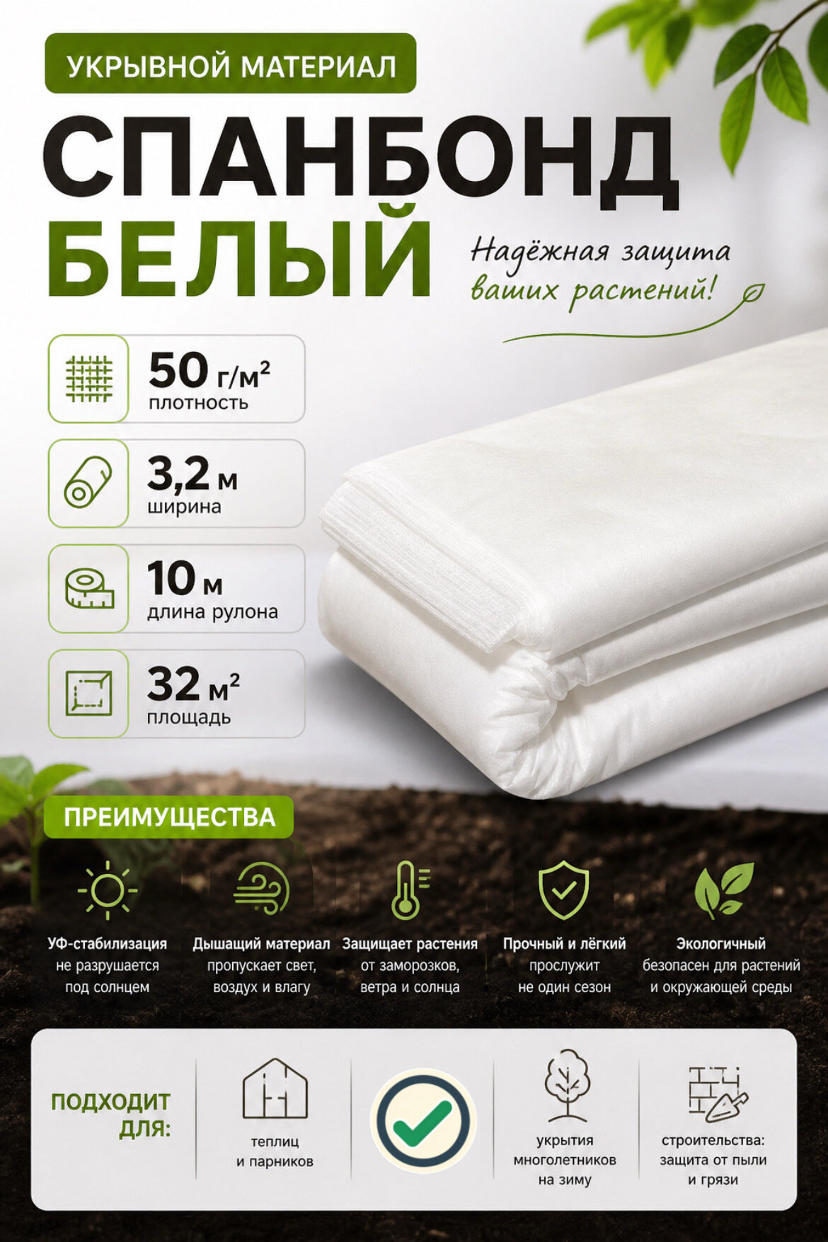 Спанбонд белый укрывной материал 50 г/м2