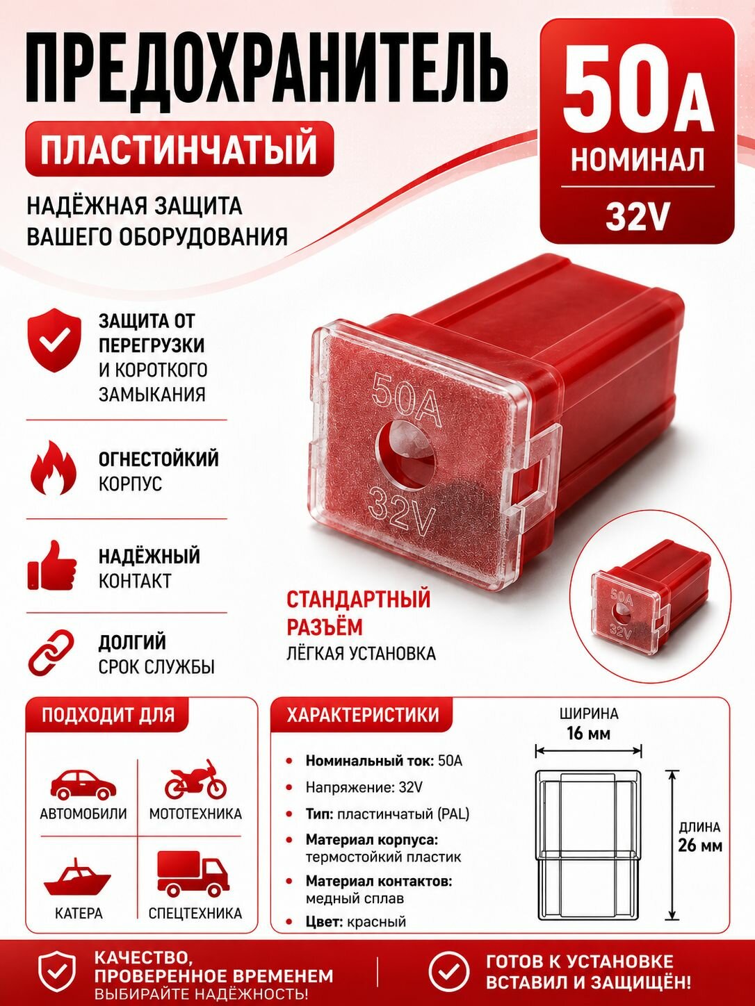 Предохранитель картриджный FJ10-50 Ампер евро Стандарт красный
