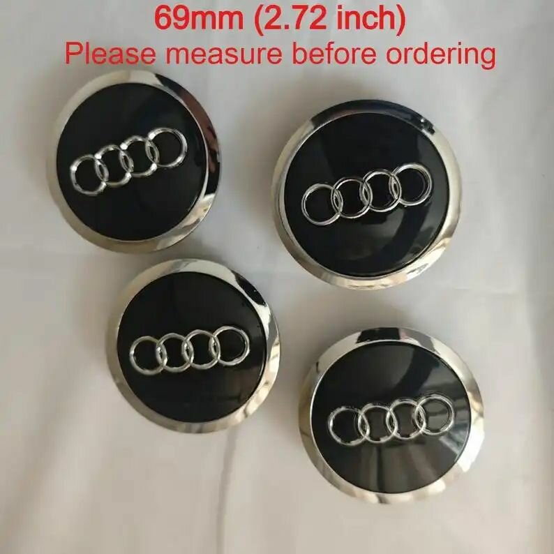 Колпачки ступицы 69 мм для Audi, черный хром, комплект 4 шт, OEM 4B0601170A 8D0601170, центральные заглушки дисков