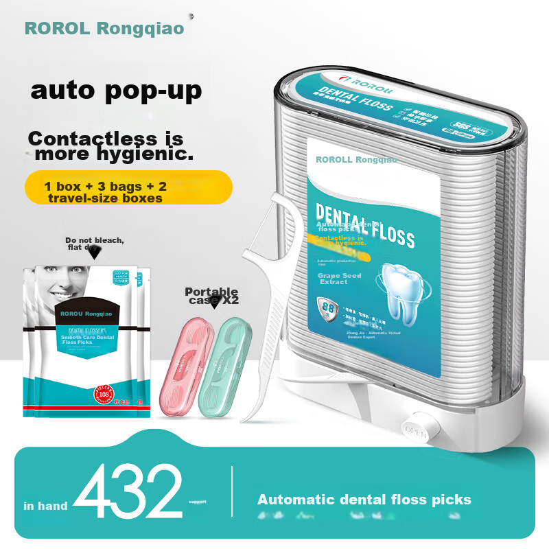 Rongqiao Automatic Boxed Dental Floss Family Pack, Ultra-Thin, Household, Pop-Up Toothpicks, Floss Picks, Portable Teeth Cleaning Floss Sticks, 432 Pieces
