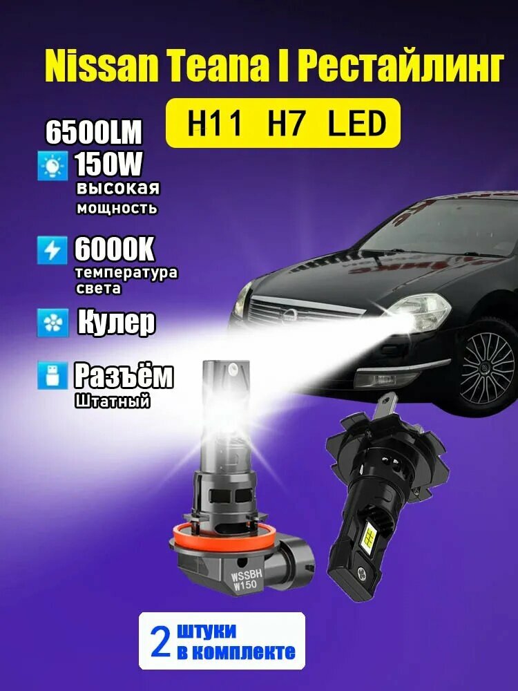 Лампа автомобильная LED, H11, 2 шт. арт. Nissan Teana I Рестайлинг