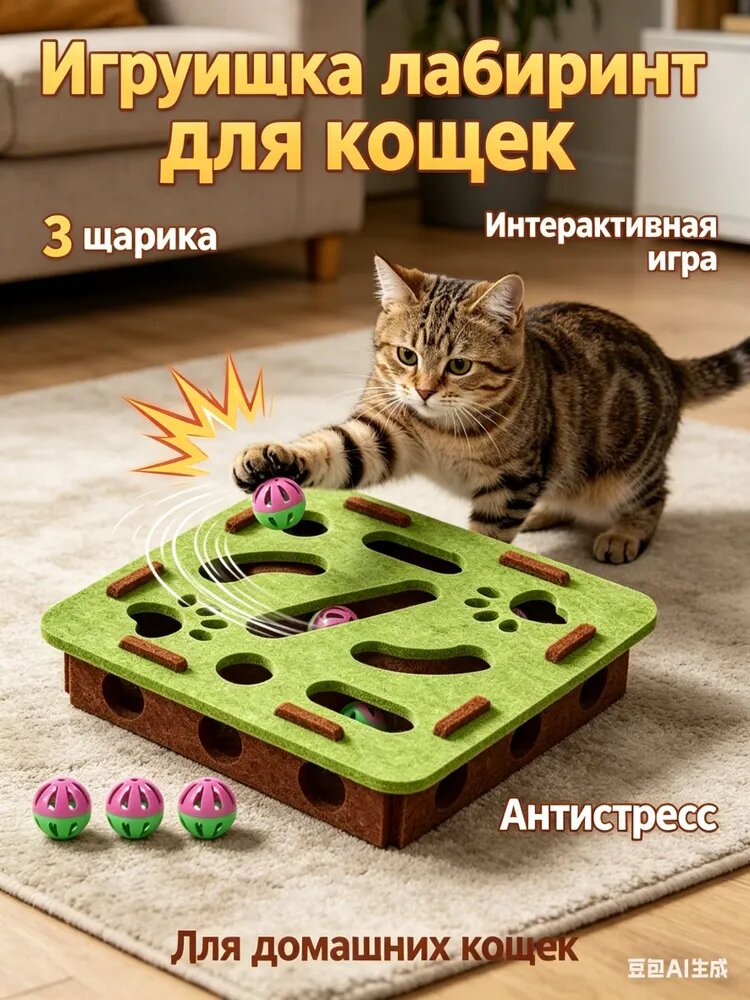 Развивающая игрушка-лабиринт для кошек, квадратная фетровая коробка с 3 шариками