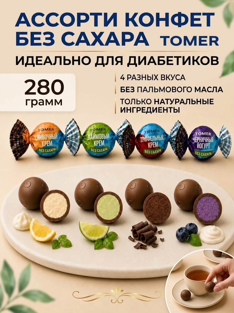 Конфеты без сахара ассорти 280 гр. шоколадные "Томер" с начинкой, 4 вкуса.