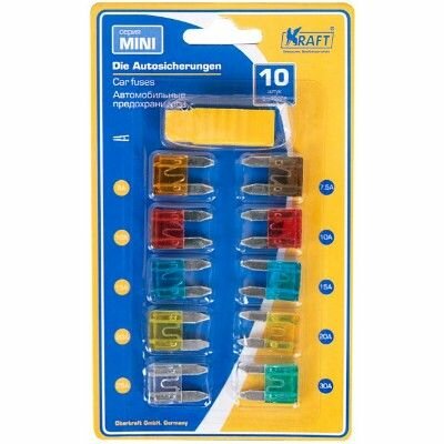 Набор предохранителей KRAFT KT 870019 с пинцетом 7,5a, 10a, 15a, 20a, 30a по 2 шт, серия Mini, в блистере 10 шт