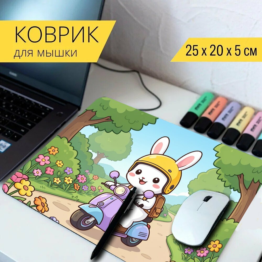 Коврик для мыши с принтом "Кролик на скутере в парке. Милый зайчик в шлеме мчится по извилистой дорожке среди цветущих деревьев и ярких полевых цветов. Пастельные тона." 25x20см.