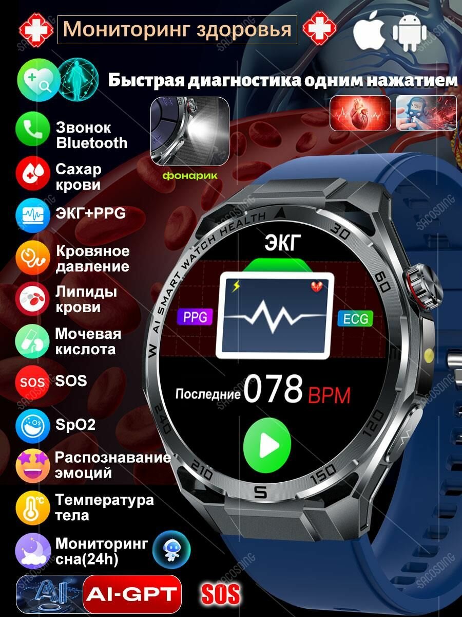 AI Cмарт часы наручные мужские круглые с экг+HRV, с фонариком, фитнес браслет женский с измерением сахара в крови
