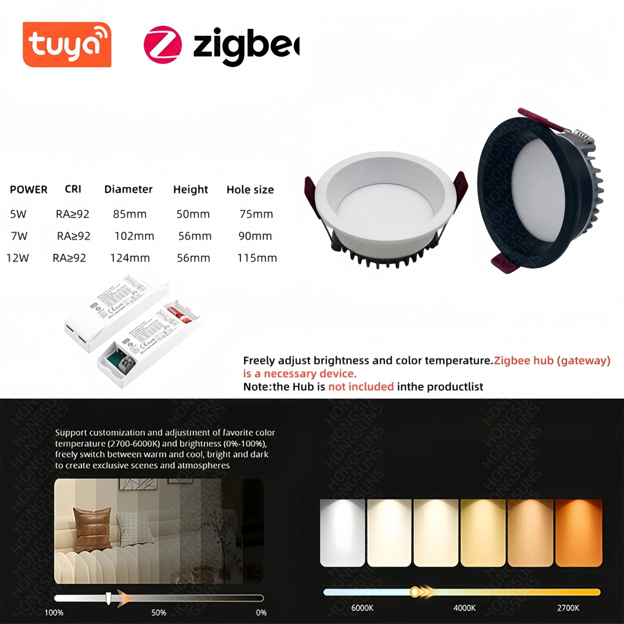 Потолочный светильник HONGSUNS тусклый белый/черный Zigbee3.0 2700-6500K, White, 12W hole size 115mm