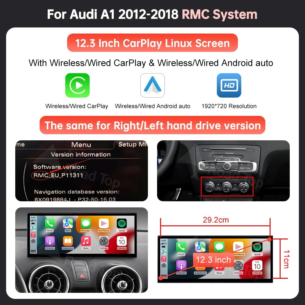 Экран CarPlay Linux 12.3" Audi A1 2012-2018 RMC