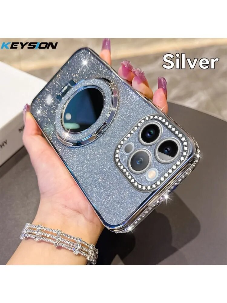 Чехол KEYSION роскошный с блестками и стразами магнитный для iPhone 13/14 Pro /Pro Max, подставка-зеркало с кольцом, противоударная задняя панель, стильный аксессуар