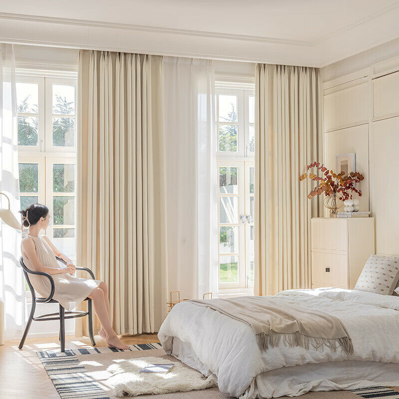 Ali linen cream-colored curtains, Japanese style, high blackout, heat insulation, sun protection, with hooks, width 1.8 meters * height 2.4 meters