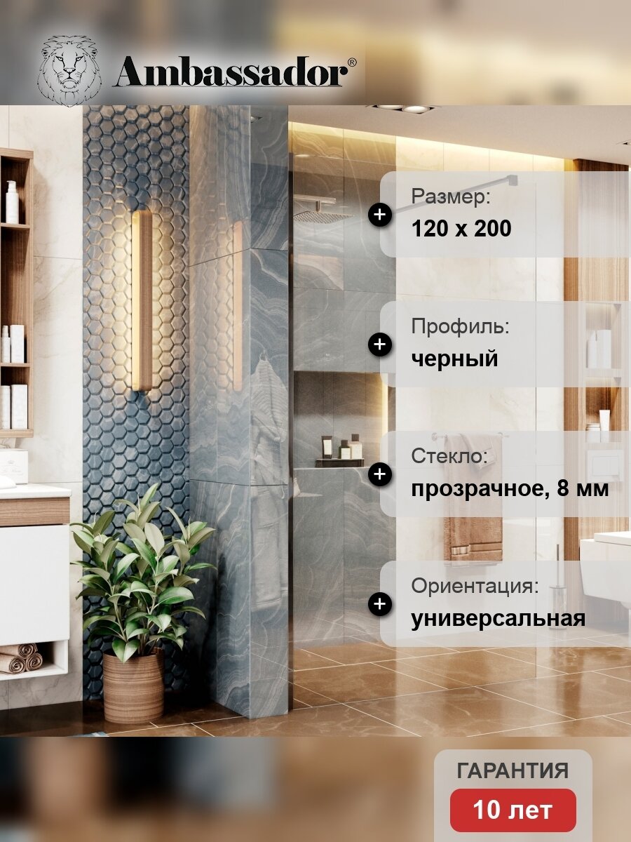 Душевая перегородка Ambassador Walk-in 15031112 120х200 см, профиль черный