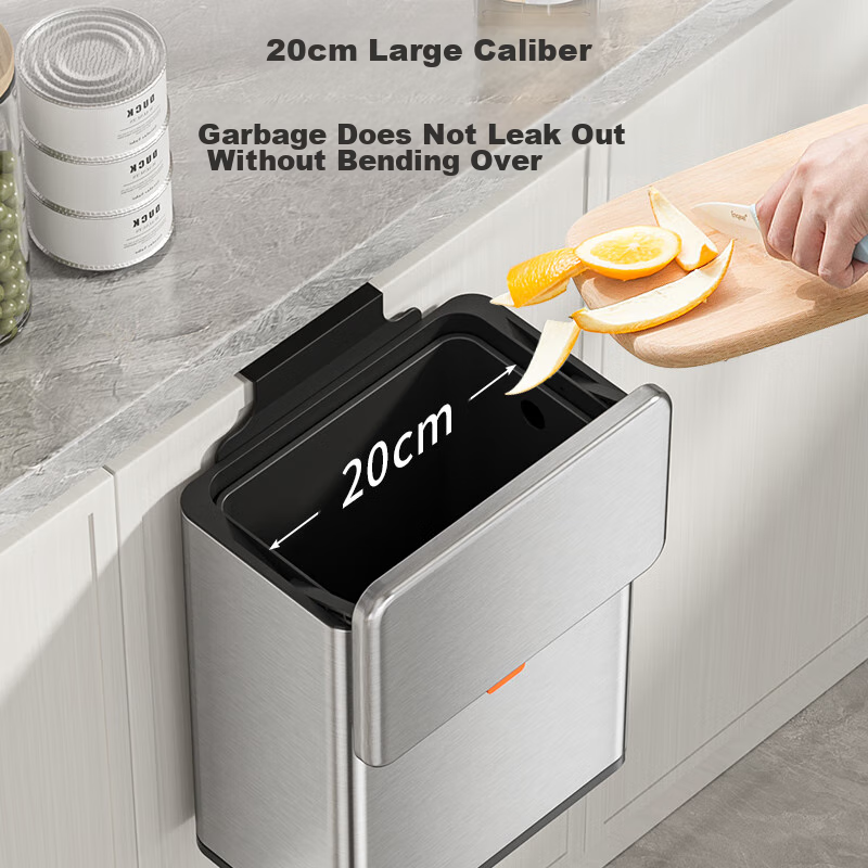 Jiahua Kitchen Trash Can, Wall-Mounted Stainless Steel with Lid, Cabinet Door Hanging Storage, Narrow Gap, Large Size 6601 Silver 5L
