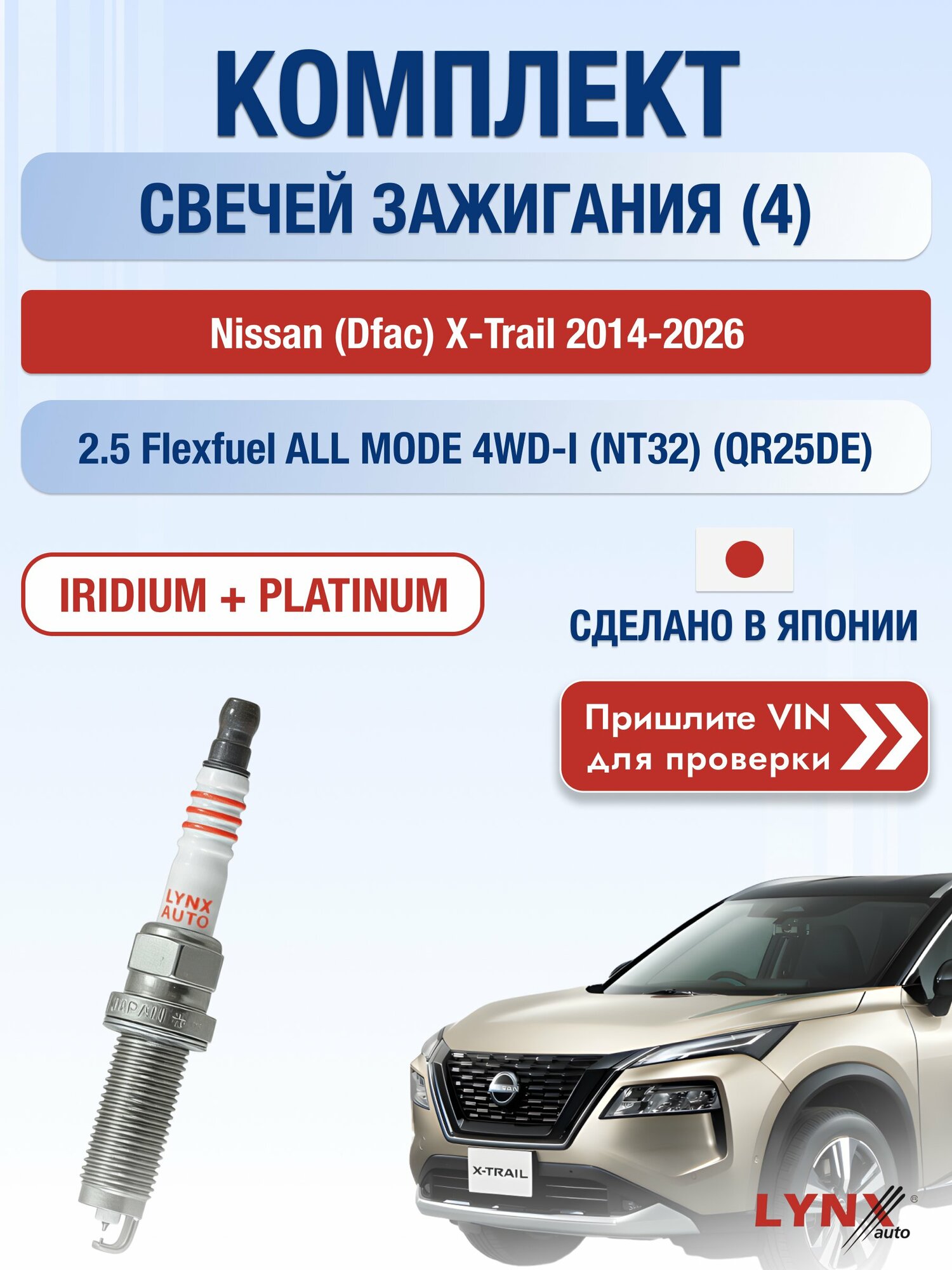 Свечи зажигания Nissan (Dfac) X-Trail 2014-2026 | Двигатель 2.5 Flexfuel ALL MODE 4WD-i (NT32) (QR25DE) (SP-386)