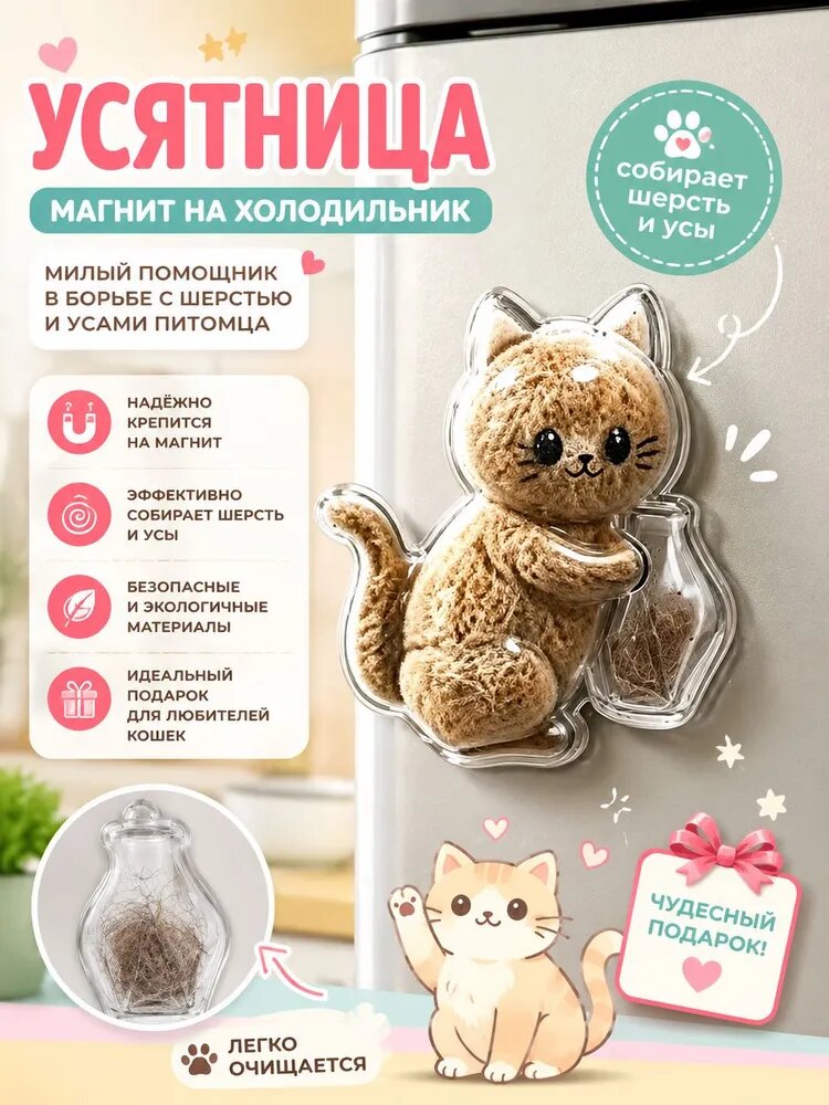 Магнит для шерсти кошки на холодильник, котик-капсула для усов питомца, сувенир