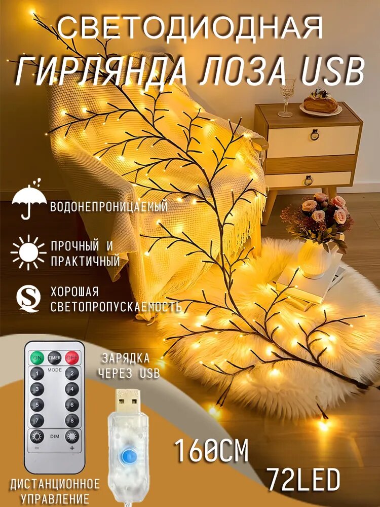 Электрогирлянда уличная Нить Светодиодная 72 ламп, 1.6 м, питание От порта USB, 1 шт