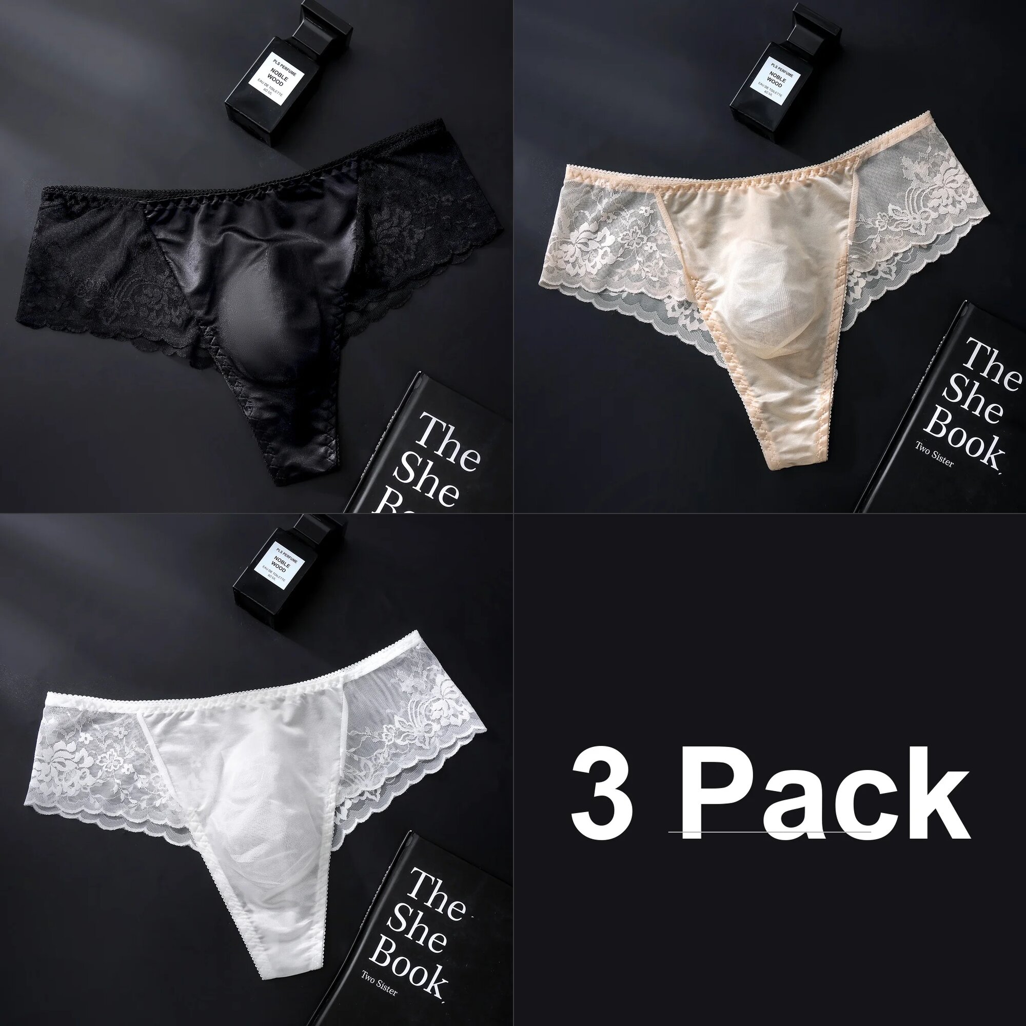 UETEEY мужские стринги из полиэстера с кружевом 3 шт. 2XL, Black White Nude