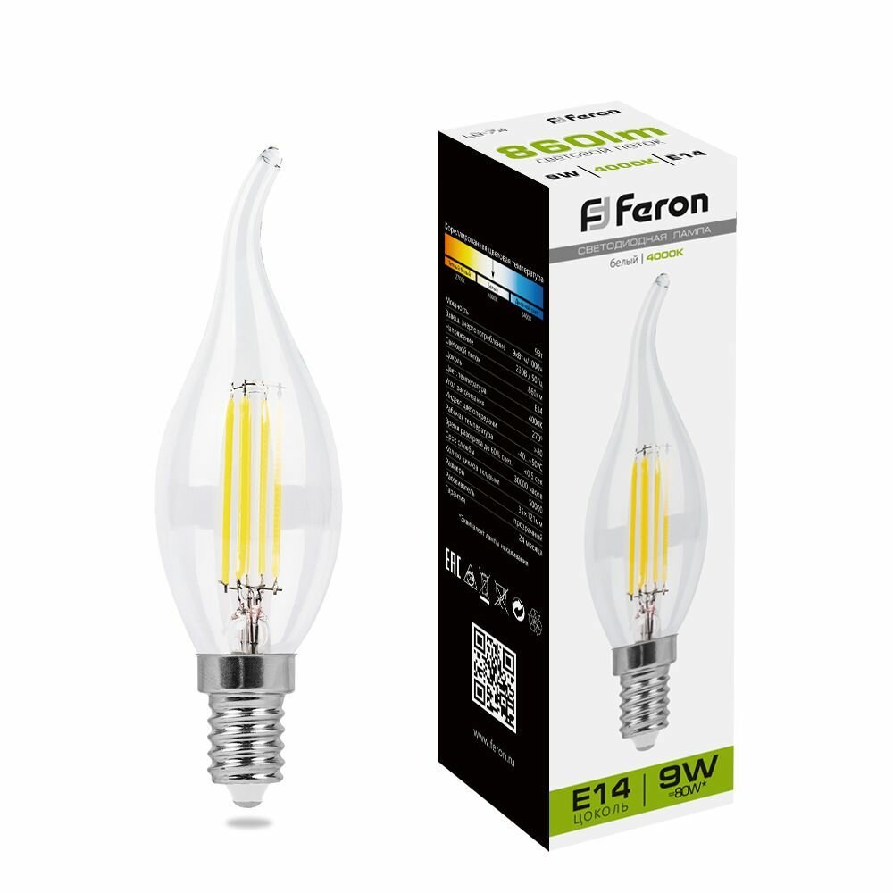 Лампа светодиодная филаментная E14 9W 4000K белый свет 1 шт Feron LB-74 25962