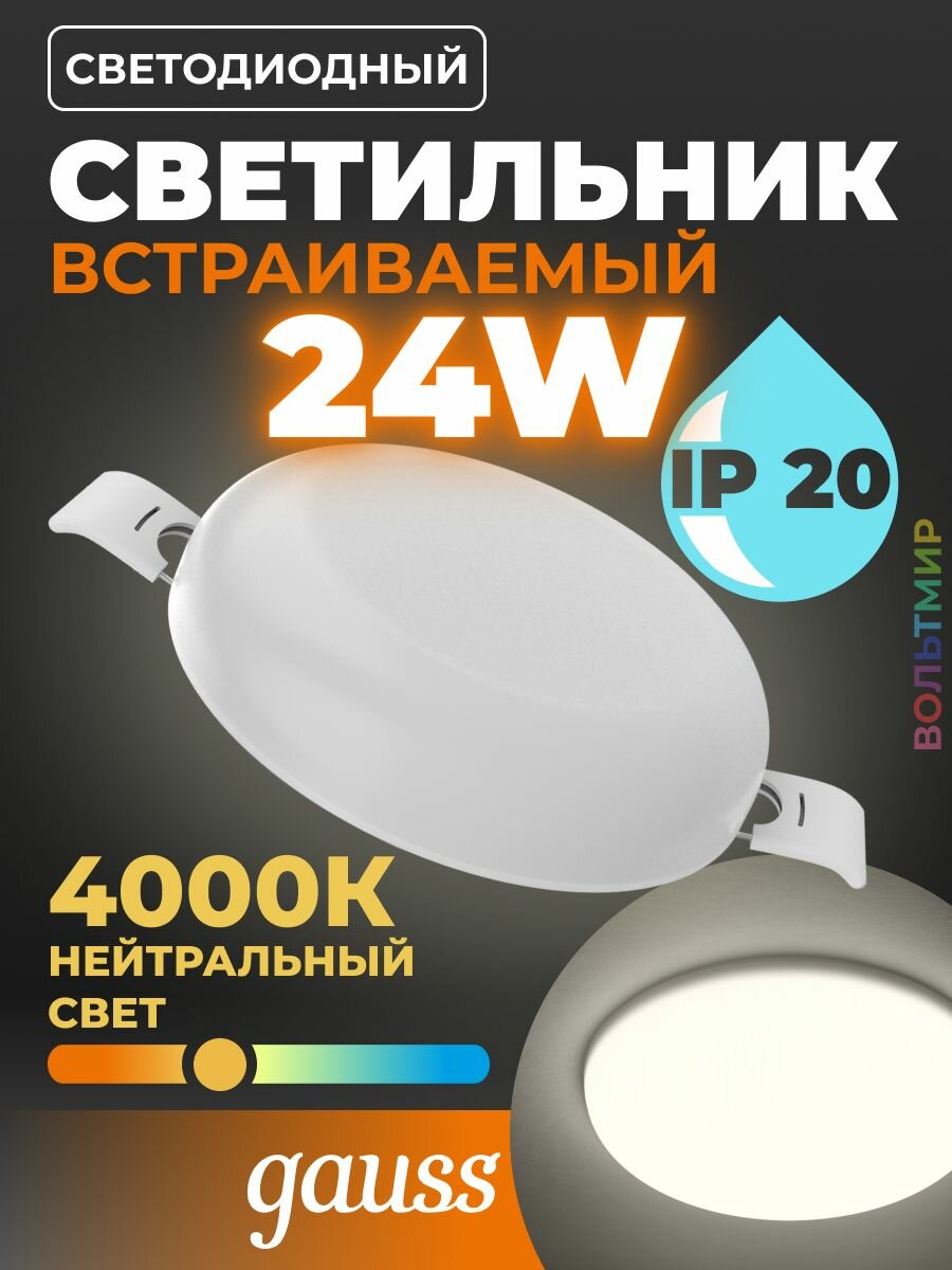 Светильник Gauss Frameless круг 24W 2400lm 4000K 85-265V IP20 монтаж 155 170*27мм LED 1/30, Gauss, 1 шт.