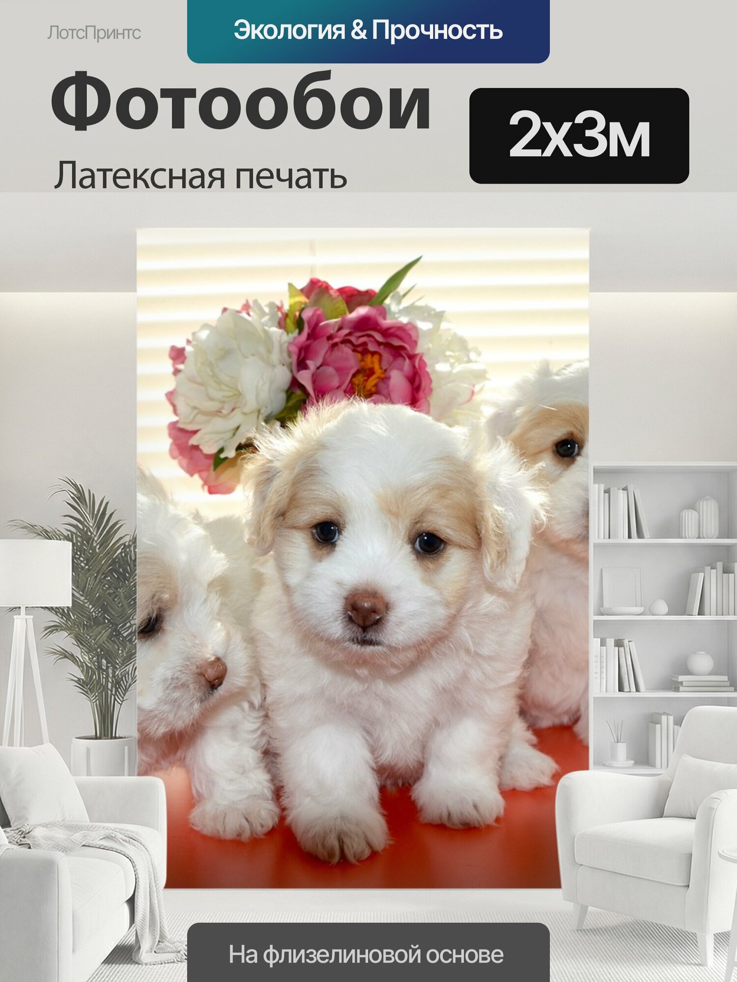 Фотообои моющиеся ударопрочные "Щенки, собачка, хлопок тулиаре" 200x300 см. латексная печать