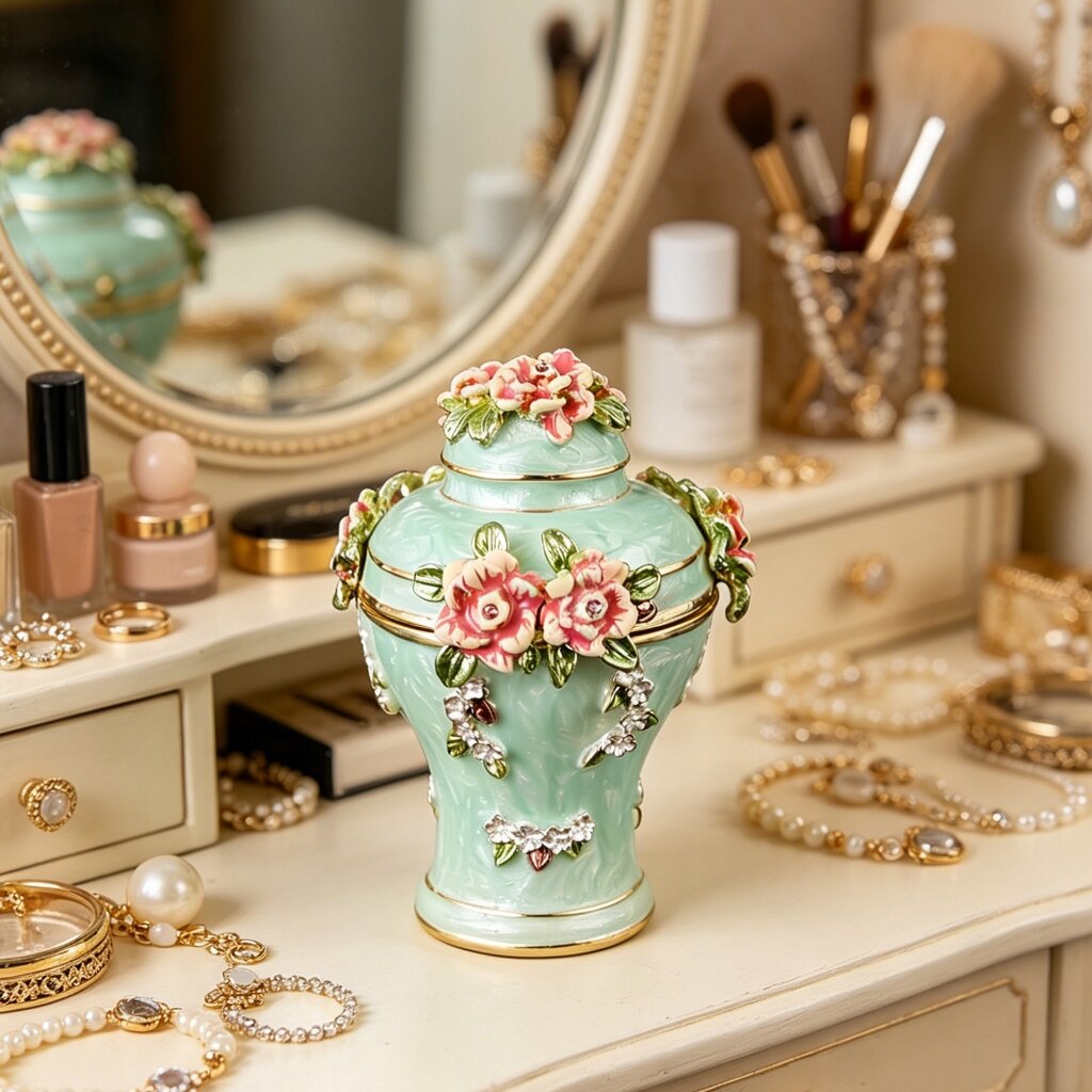 Шкатулка Для Драгоценностей Cherry Blossom С Откидной вазой Цвета эмали-Cherry Blossom Vase Green