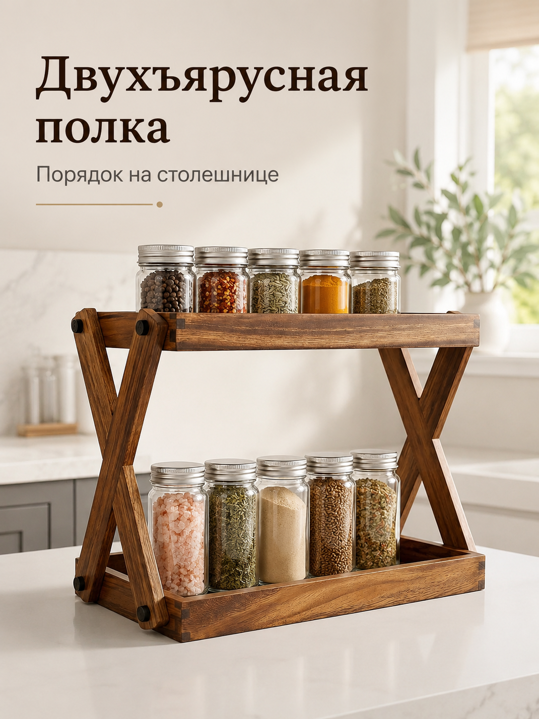 Полка для специй деревянная, 2-ярусная, настольный органайзер для кухни и ванной, тёмное дерево, 1 шт
