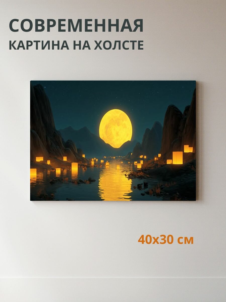 Картина на холсте Луна и геометрические кубы 40x30 см