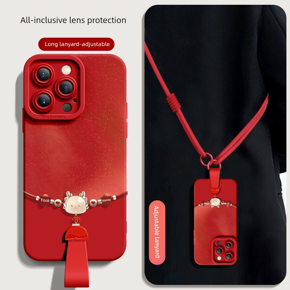 IPhone 11 Pro Max Красная лента с изображением счастливого дракона, силиконовая, кроссбоди ремешок длинный