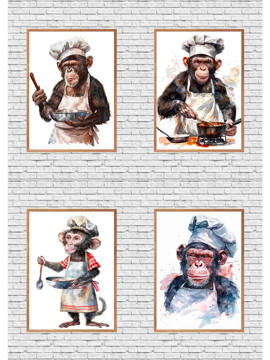 Животное-бабуин Шеф-повар, 4 Плаката, 30x21см