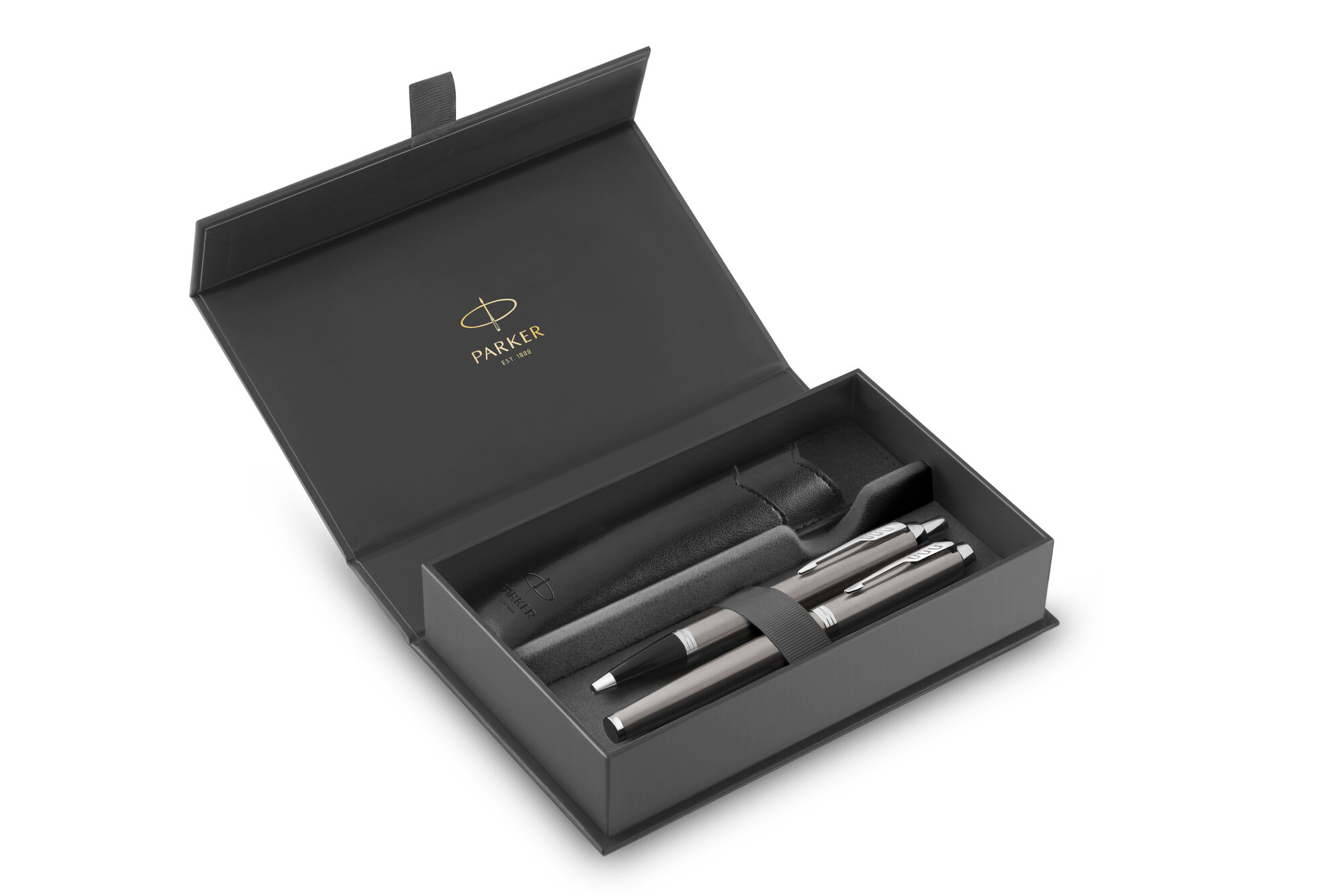 Набор Parker "IM Stainless Steel CT": ручки шар-я и пер-я, син,1,0мм, чехол экокожа, под. уп. (Уценка)