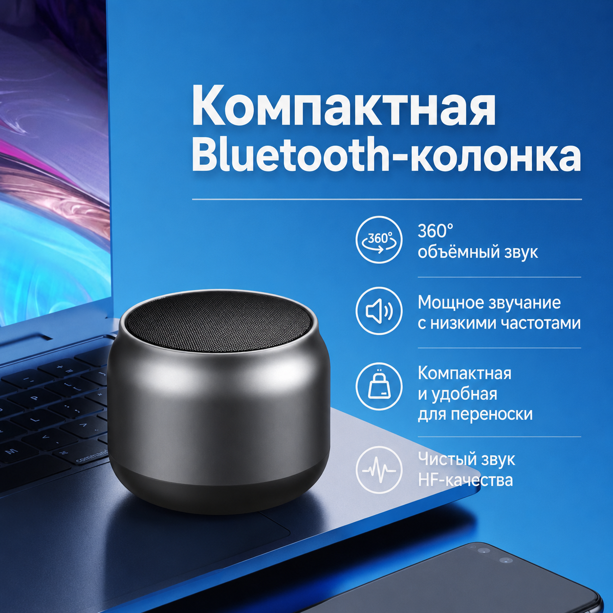 Компактная портативная Bluetooth-колонка с объёмным звучанием, серая
