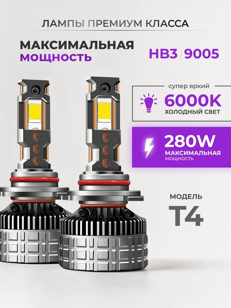 Светодиодные led лампы для авто T4 HB3 (9005), 28000Лм, 6000К, 280Вт