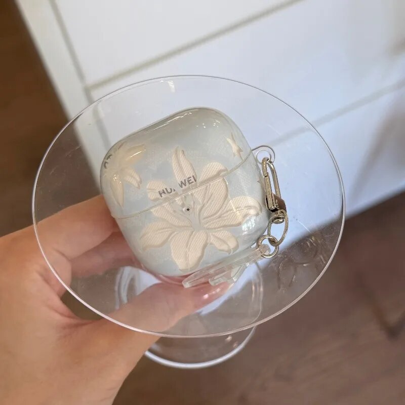 Прозрачный чехол для наушников Huawei с принтом лилий For FreeClip 2, with Pendant