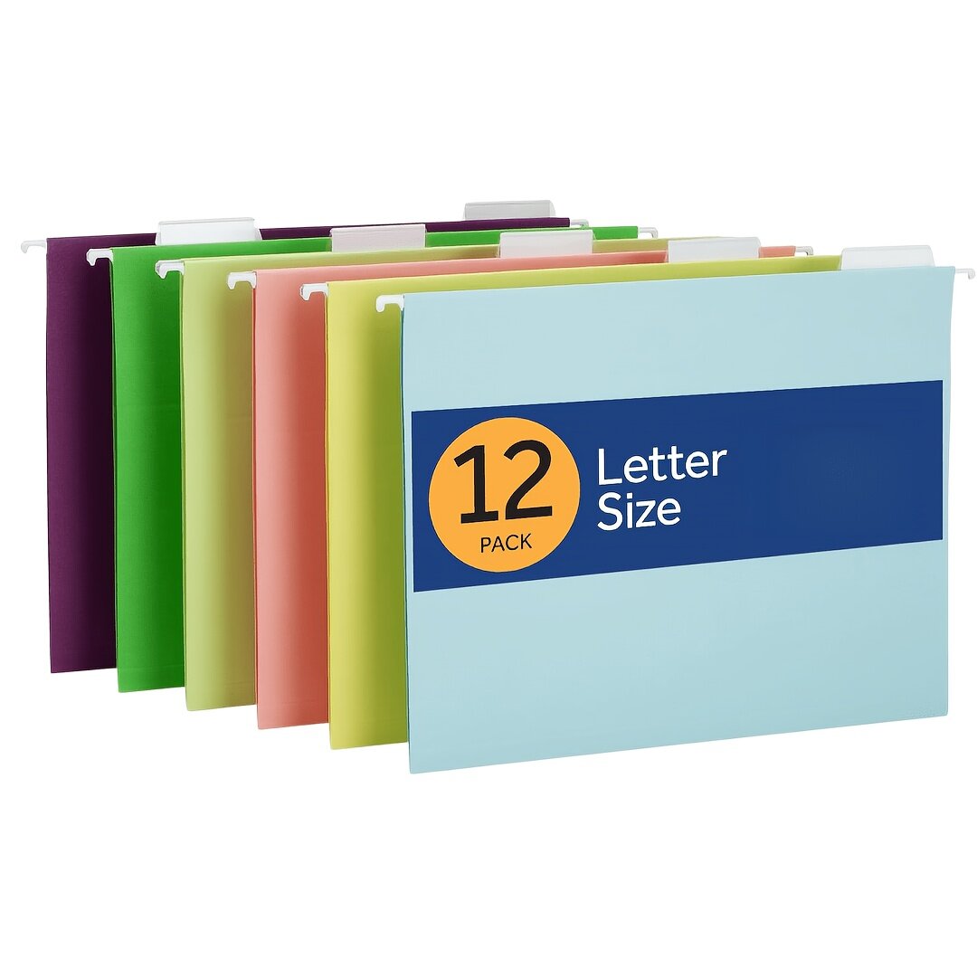 Подвесные папки для документов, набор 12 шт, формат Letter (8,5 x 11 дюймов), 6 цветов в ассортименте, 5 положений ярлычков, с ярлычками и вкладышами, для офиса