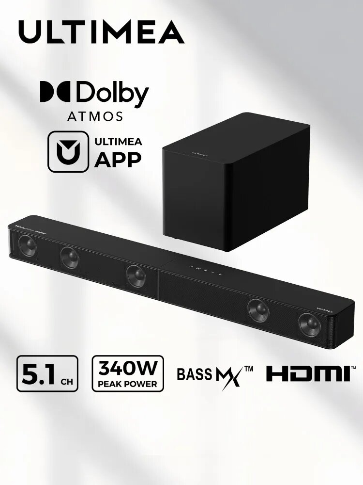 Саундбар для телевизора с сабвуфером ULTIMEA Poseidon M60 BOOM, 5.1 Dolby Atmos, 340W, домашний кинотеатр, 5.25" сабвуфер, управление через приложение