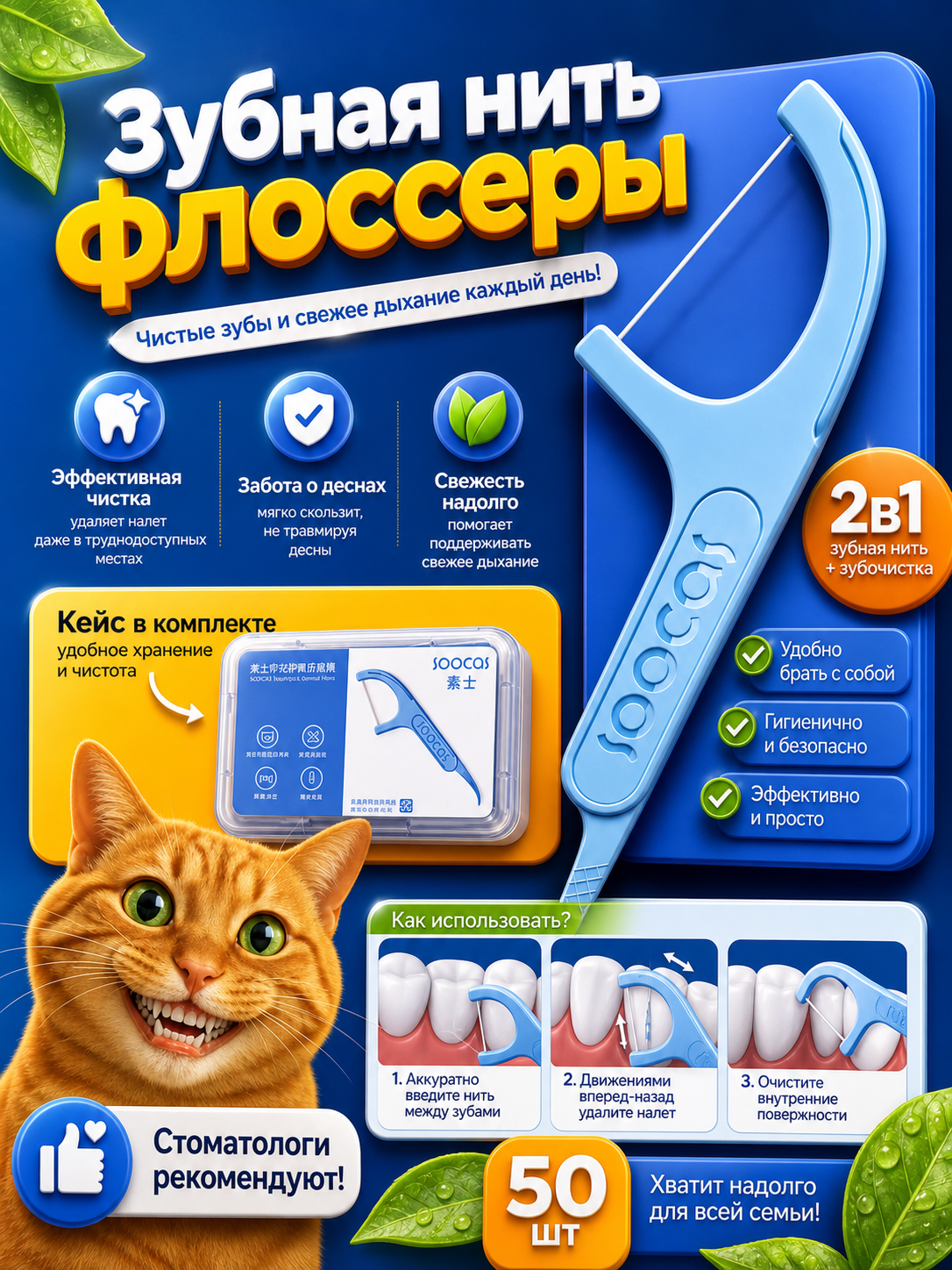 Зубная нить Soocas "Dental Floss", вощеная, встроенная зубочистка, 50 шт