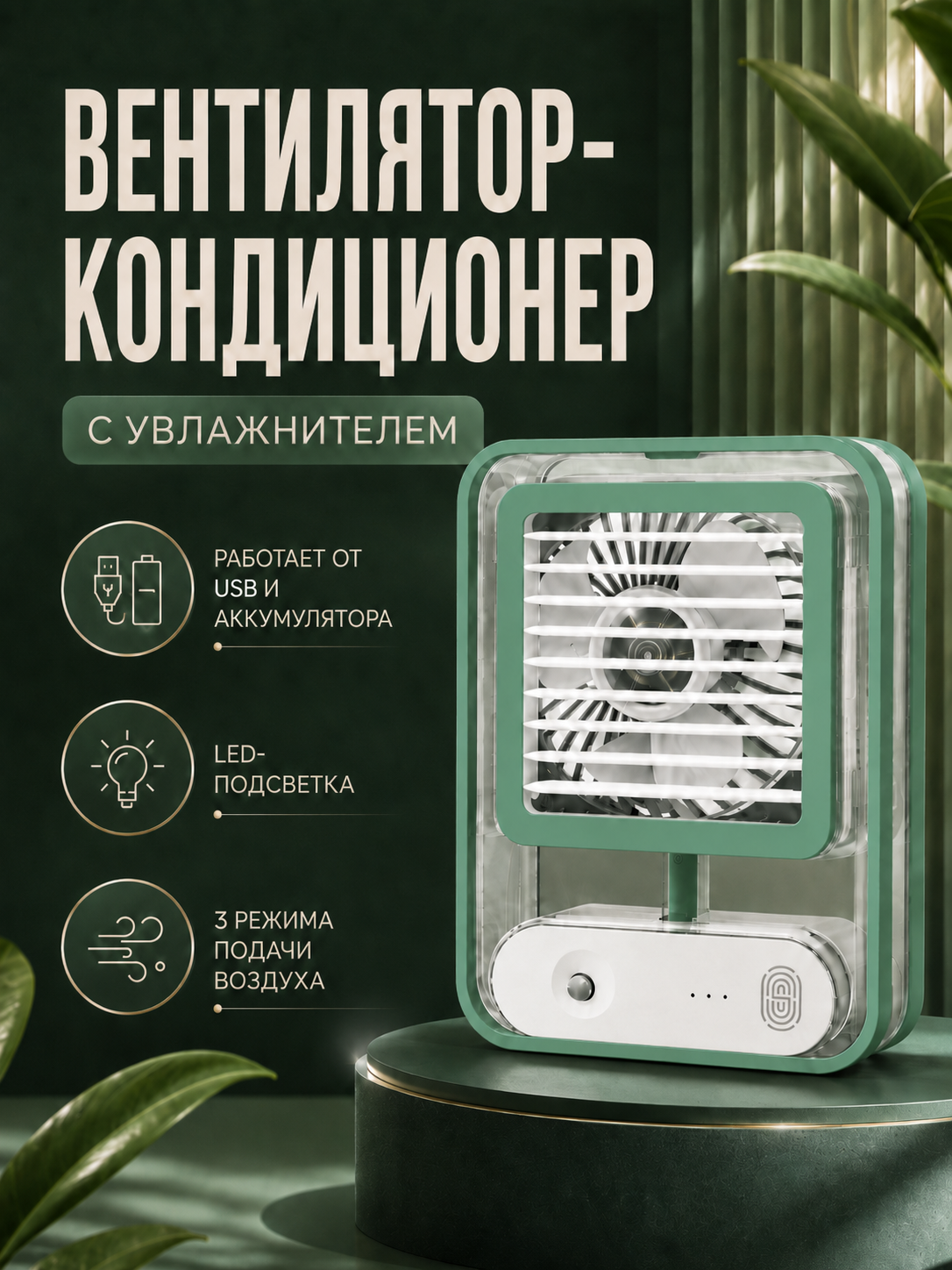 Настольный вентилятор с подставкой, Увлажнитель воздуха портативный, 3 режима скорости, Зеленый