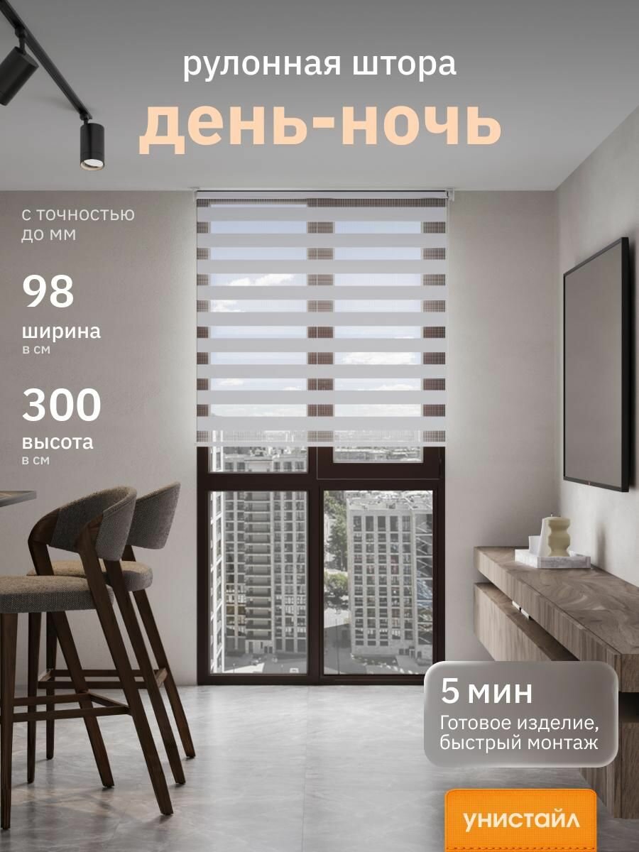Рулонные шторы 98х300 см день/ночь (зебра), Серый, комплектация Mini