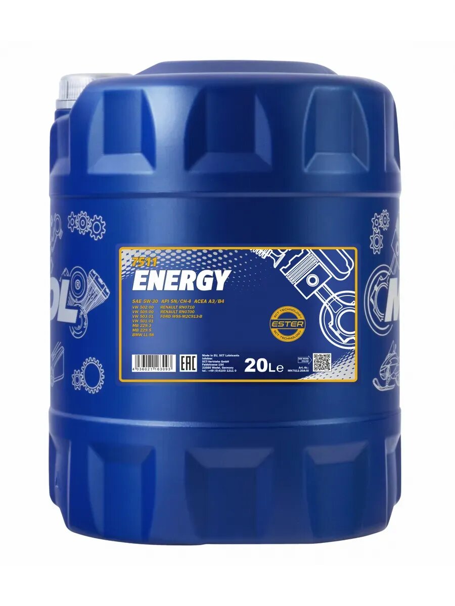 Mannol Energy 5w30 Api Sn/Ch-4 Acea A3/B4 (20л) Синт. Пласти