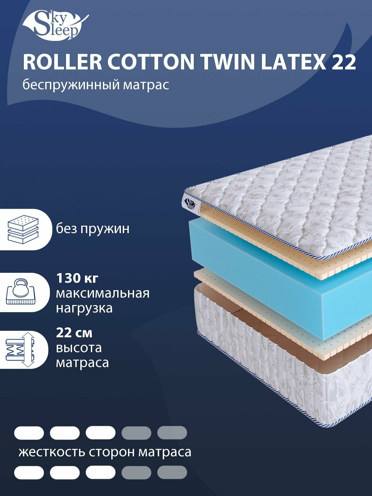 Беспружинный ортопедический матрас SkySleep ROLLER Cotton Twin Latex 22 на диван кровать 90x195