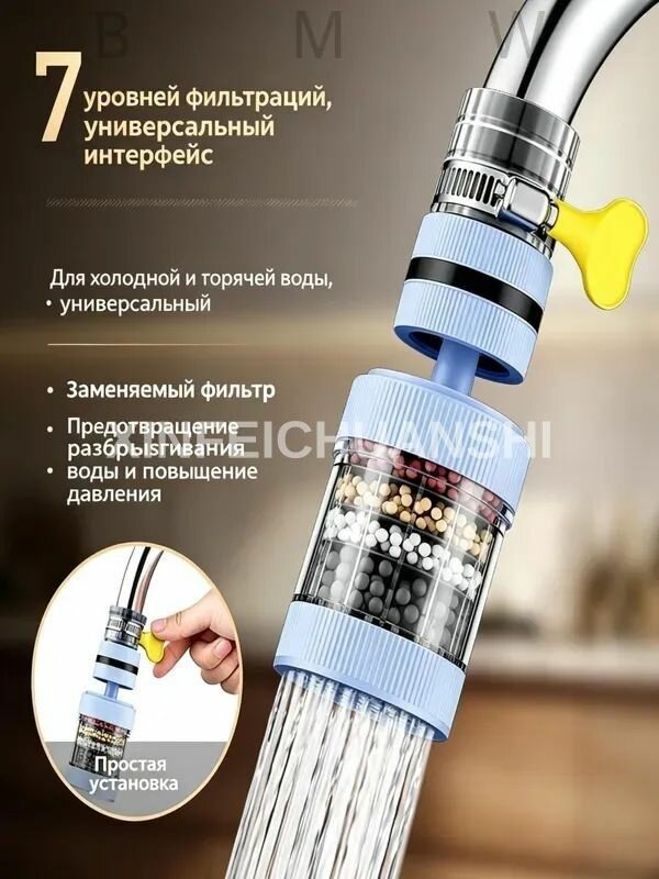 Фильтр-насадка на кран, 6 ступеней очистки, универсальная, с поворотом 360 и защитой от брызг (Цвет товара: белый)