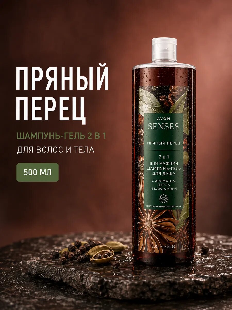 Шампунь-гель для душа Avon Senses "Пряный перец", мужской, 500мл