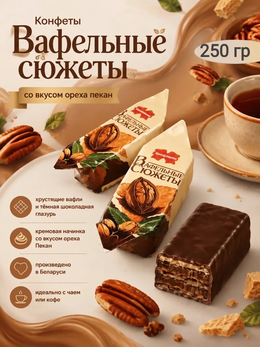 Конфеты «Вафельные сюжеты», вкус ореха пекан,250гр
