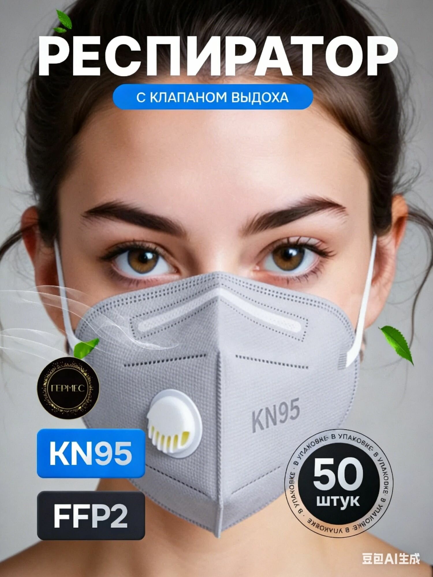 Респиратор-маска KN95, FFP2, многоразовый, с клапаном, 5 слоев, синий